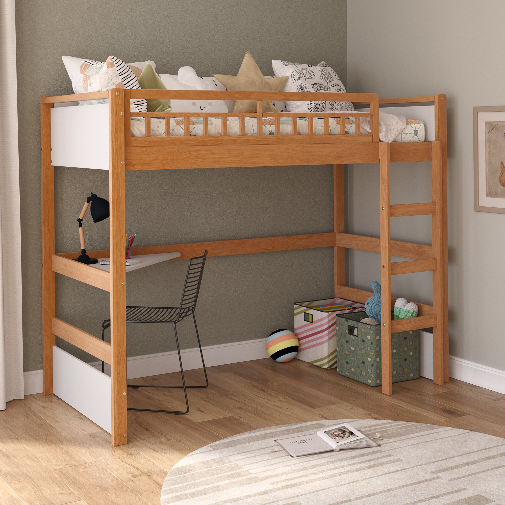 Cama Alta Infantil com Escrivaninha e LED Golden - - Branco/Mel